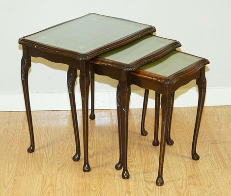 Hardwood Queen Anne Style Nesting Tables with Green Embossed Leather Top