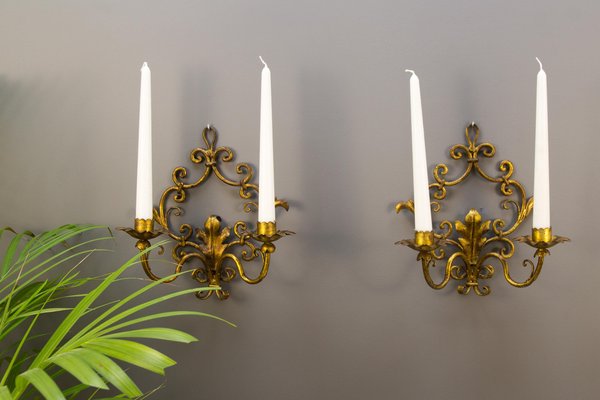 Italian Florentine Style Golden Color Candle Wall Sconces Set of 2