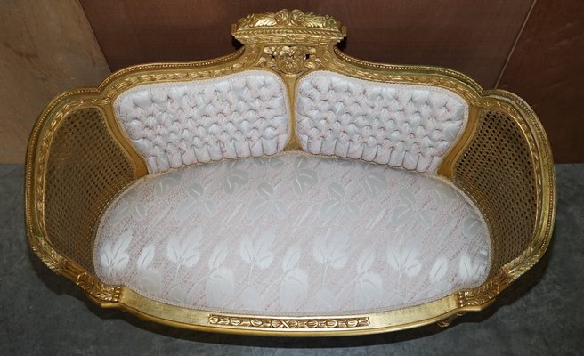 Antique Napoleon III Gold Giltwood Bergere Sofa Settee 1870s