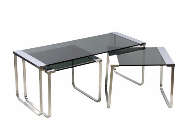 Mid Century Italian Chromed Metal Aluminum Smoked Glass Nesting Tables 1970s Set of 3