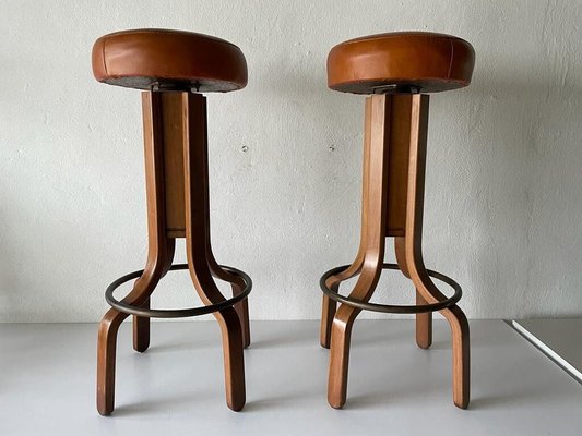 Italian Leather Bended Wood Bar Stools 1960s for sale at Pamono