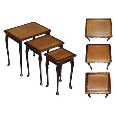 Vintage Brown Leather Top Hardwood Nesting Tables Set of 3
