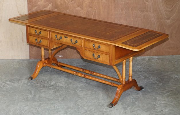 Brown Leather Burr Yew Wood Extending Writing Desk
