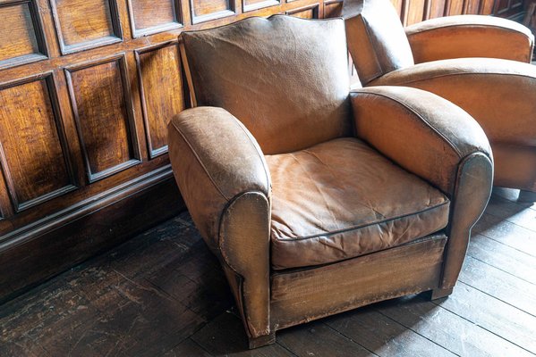 French Cognac Leather Moustache Back Club Chairs 1930s Set of 3