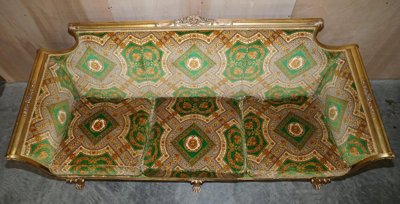 Italian Versace Silk Velvet Upholstered Giltwood Sofa and Armchairs Set of 3
