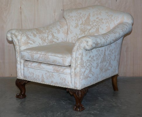Antique Victorian Chinoiserie Upholstery Sofa Armchair Suite with Claw Ball Feet Set of 3