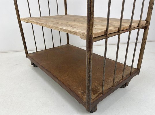 Vintage Industrial Iron and Wood Shelves on Wheels for sale Vintage Industrial Iron and Wood Shelves on Wheels for sale