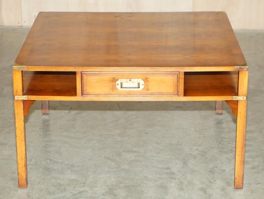 Military Campaign Burr Yew Wood Coffee Table with Bookshelf