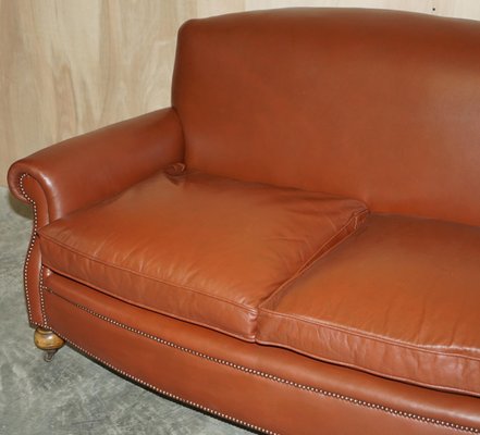 Edwardian Brown Leather Club Sofa with Feather Filled Seat Cushions 1910s