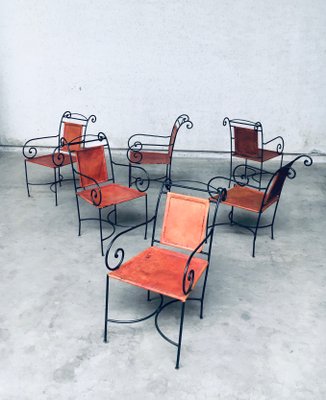 Wrought Iron and Leather Swirl Dining Chairs Spain 1960s Set of 6 for sale at Pamono