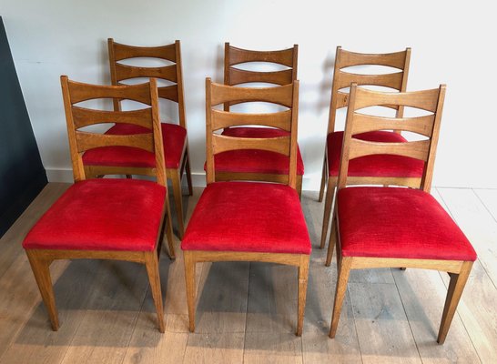 Red Velvet Oak Dining Chairs Set of 6