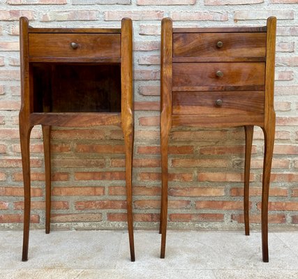 Vintage French Bedside Tables in Walnut and Iron Hardware 1930 Set of 2