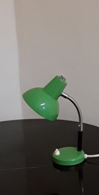 Small German Desk Lamp with Flexible Chrome Body Green Metal Shade and Base from Fischer Leuchten 1970s