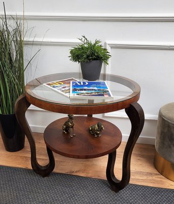 Italian Art Deco Briar Burl Wood and Glass Round Center Coffee Table 1940s