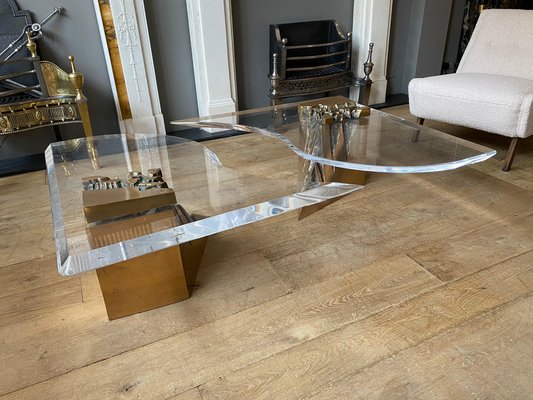 Large Two Piece Coffee Table in Brass and Lucite 1970s for sale at Pamono
