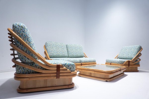 Mid Century Modern Rattan Living Room Sofas Armchair and Coffee Table Set of 3 for sale at Pamono