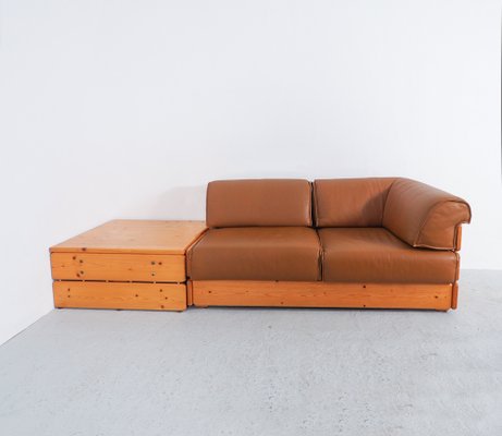 Vintage Corner Sofa with Coffee Table in Pinewood and Leather 1970s Set of 3