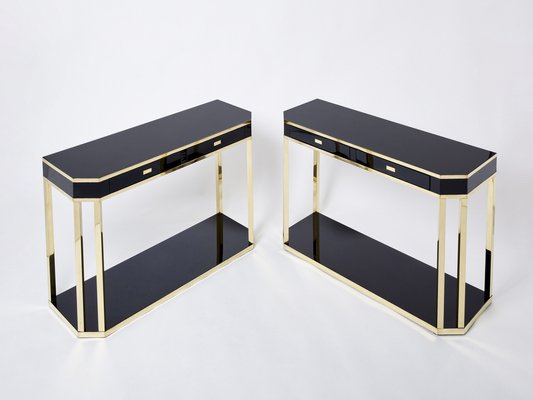 Black Lacquered Console Tables with Brass Details by Jean Claude Mahey for Maison Romeo 1970s Set of 2