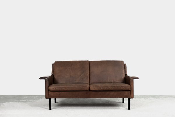 Mid Century Scandinavian Modern 2 Seater Brown Leather Sofa 3330 by Arne Vodder for Fritz Hansen 1960s