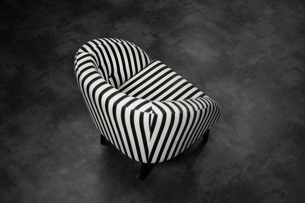Mid Century Scandinavian Modern Rounded Armchairs with Black White Stripes 1960s Set of 2 for sale at Pamono