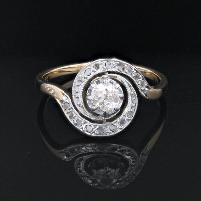 French 18 Karat Yellow Gold Platinum Swirl Ring with Diamond 1920s for sale at Pamono