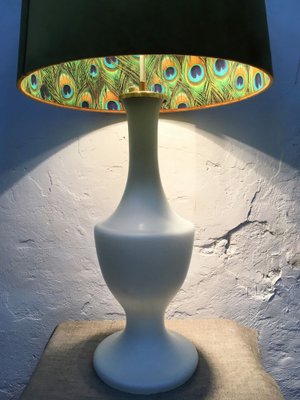 Large Vintage Milk Glass Table Lamp with Design Lampshade 1960s