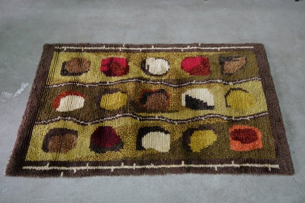 Mid Century Rya Teppich in braun, Geometrisches Design handgeknüpfter ...