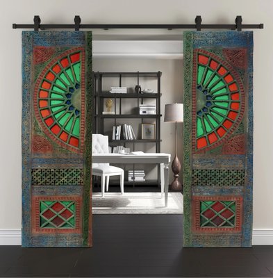 Antique Hand Carved Colored Glass Door with Double Wing Door Swat Tal Pakistan 1920s