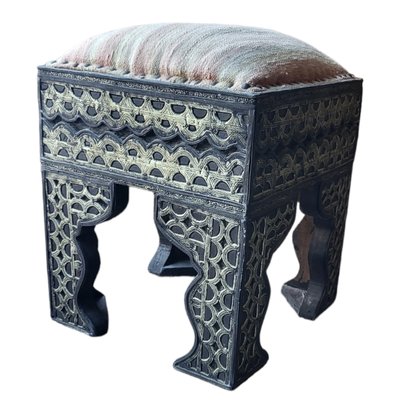 Vintage Moroccan Metal and Kilim Wood Stools Set of 2