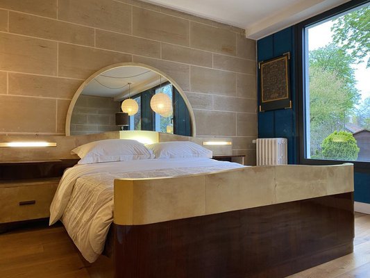 Large Art Deco Bed with Integrated Bedside Tables in Wood and Parchment 1940s for sale at Pamono