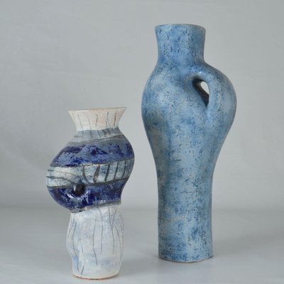 Tall White And Blue Vases