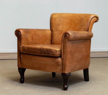 French Art Deco Brown Tan Sheep Leather Roll Back Club Chair 1960s