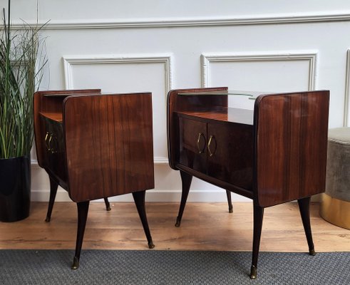 Mid Century Art Deco Italian Night Stands in Wood Brass Glass 1950s Set of 2 for sale at Pamono