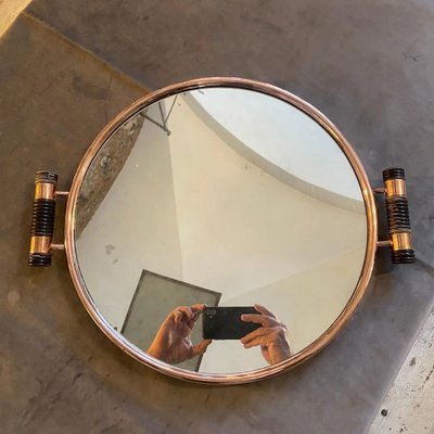 Art Deco Round Tray in Copper and Mirrored Glass with Ebony Handles from Poggi Italy 1930s for sale at Pamono