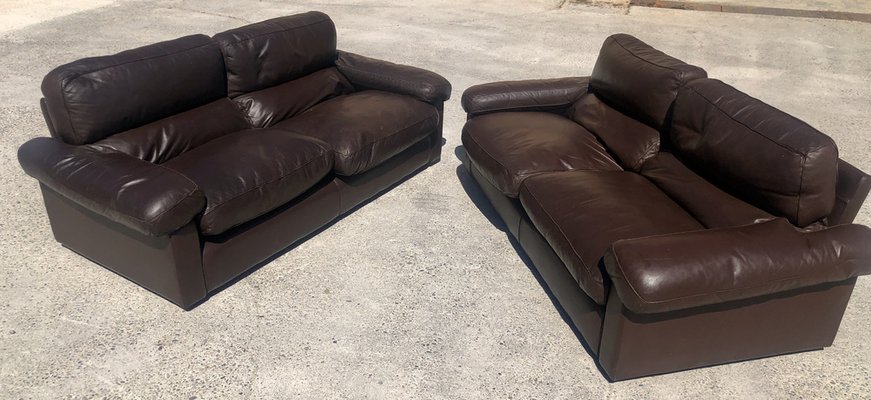 Chocolate Leather 3 Seat Sofas by Tito Agnoli for Poltrona Frau 1970s Set of 2