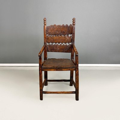 Antique Italian Chair with High Back and Carved Wooden Arms 1800s