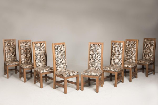 Art Deco Oak Velvet Tiger Upholstery Dining Chairs 1930s Set of 8 for sale at Pamono