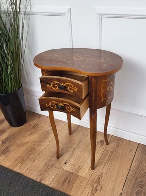 Antique Italian Marquetry Kidney Shaped Walnut Side Table with Two Drawers 1890s