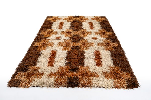 Mid Century Rya Teppich in braun, Geometrisches Design handgeknüpfter ...