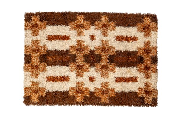 Mid Century Rya Teppich in braun, Geometrisches Design handgeknüpfter ...