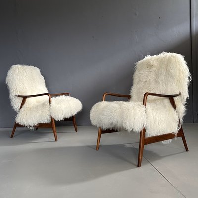 Danish Teak Lounge Chairs with Mongolian Goat Hair Upholstery by Alf Svensson for Dux 1950s Set of 2