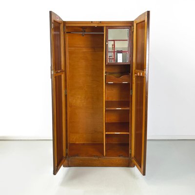 Italian Art Deco Style Wooden Wardrobe with Mirror and Shelves 1950s