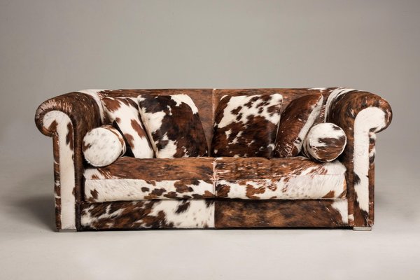 Baxter Brown and White Cow Fur Leather Sofa with Pillows Italy 1990s for sale at Pamono