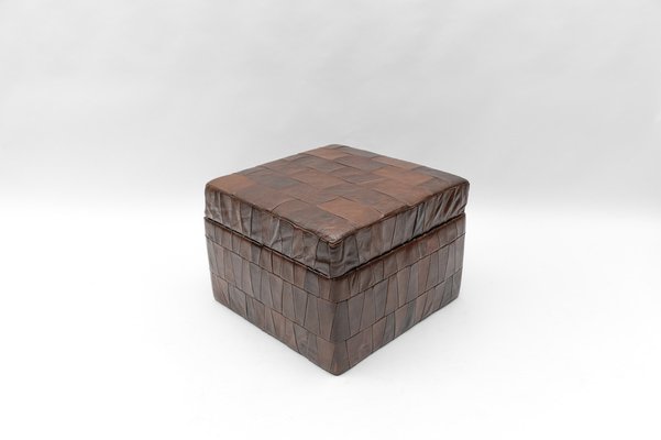 Choco Brown Leather Patchwork Pouf with Storage Space Switzerland 1960s