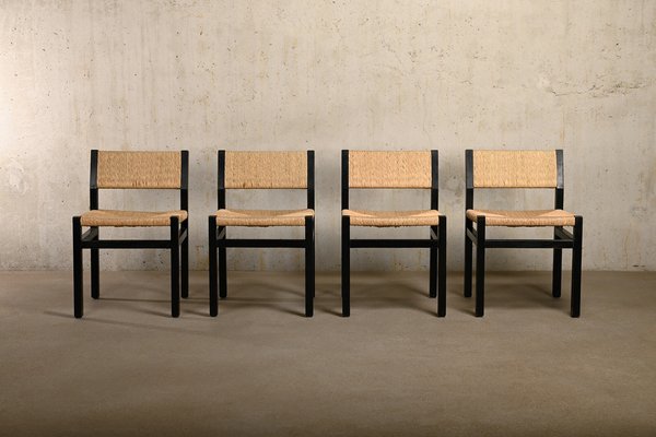 SE82 Chairs in Black Wood with Handwoven Rush Seats by Martin Visser for t Spectrum Netherlands 1970s Set of 4 for sale at Pamono