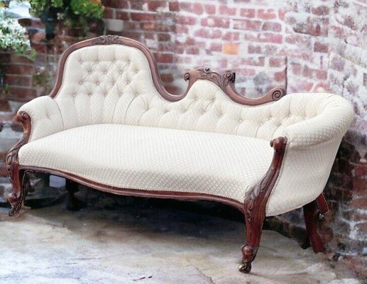 Antique Victorian Mahogany Sofa with Cabriole Legs Brass Castors for sale at Pamono