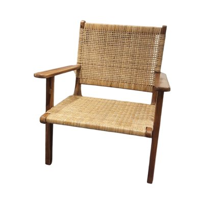Niedrige spanische Vintage Teak Rattan Sessel 2er Set