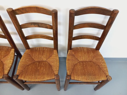 Vintage Brutalist Wooden and Straw Chairs 1960s Set of 4