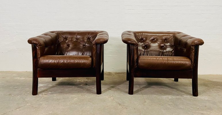 Mid Century Danish Brown Leather and Rattan Club Chairs 1970s Set of 2