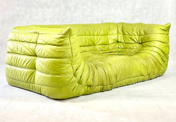 Vintage 3 Seat Togo Sofa with Arms in Green Leather by Michel Ducaroy for Ligne Roset 2012 for sale at Pamono